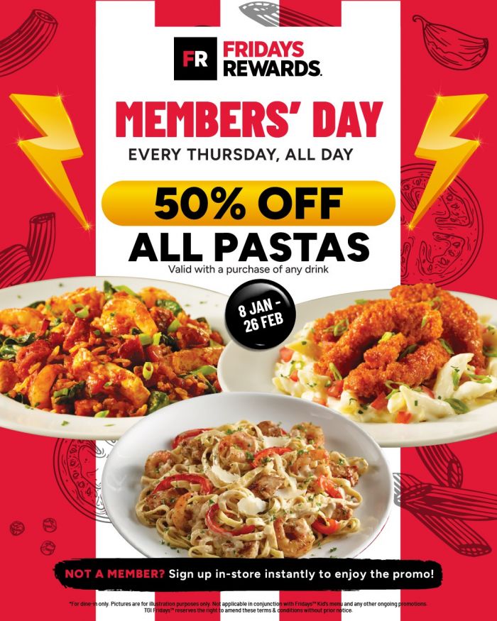 TGI Fridays Members' Day: 50% OFF All Pastas | Every Thursday (8 Jan ...